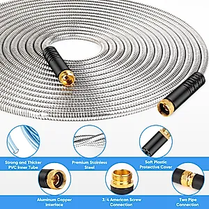 Garden Hose 50 FT, Metal Stainless Steel Water Hose with 10 Function Nozzles, No Kinks, Flexible Hose, Lightweight, Puncture Proof, Heavy Duty Hose for Yard and Outdoor