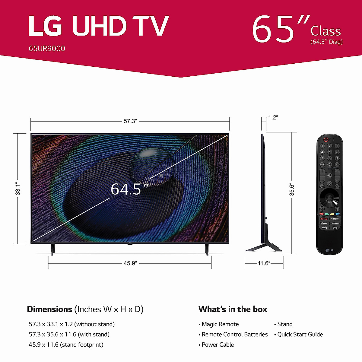 LG 65-Inch Class UR9000 Series Alexa Built-in 4K Smart TV (3840 x 2160),Bluetooth, Wi-Fi, USB, Ethernet, HDMI 60Hz Refresh Rate, AI-Powered 4K