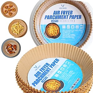 Velaxs Air Fryer Liners Disposable, Cooking Nonstick Filter Inserts Liners, Microwave Frying Pan Parchment Paper, Oil-proof Baking Roasting Food Grade Paper Sheets for Air Fryer 100 pcs 6.3 inch Round