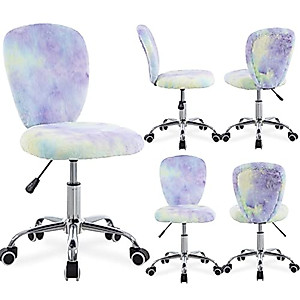 wangji Fuzzy Desk Chair, Comfy Armless Furry Fur Chair with Swivel, Pastel Rainbow Yellow & Blue