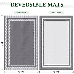 HappyTrends Outdoor Rug Reversible Portable Plastic Straw Camping Rugs for Outside RV,Large Waterproof Outdoor Area Rugs for Patio,Deck,Porch,Balcony(5'x 8',White&Gray)