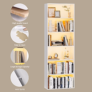 Homhedy 6 Tier Bookcase with LED Lights, 71" H Tall Open Bookshelf, Wooden Display Storage Shelves for Home Office, Living Room, Bed Room,Size:23.6" W x 71.2" H x 9.4" D, White