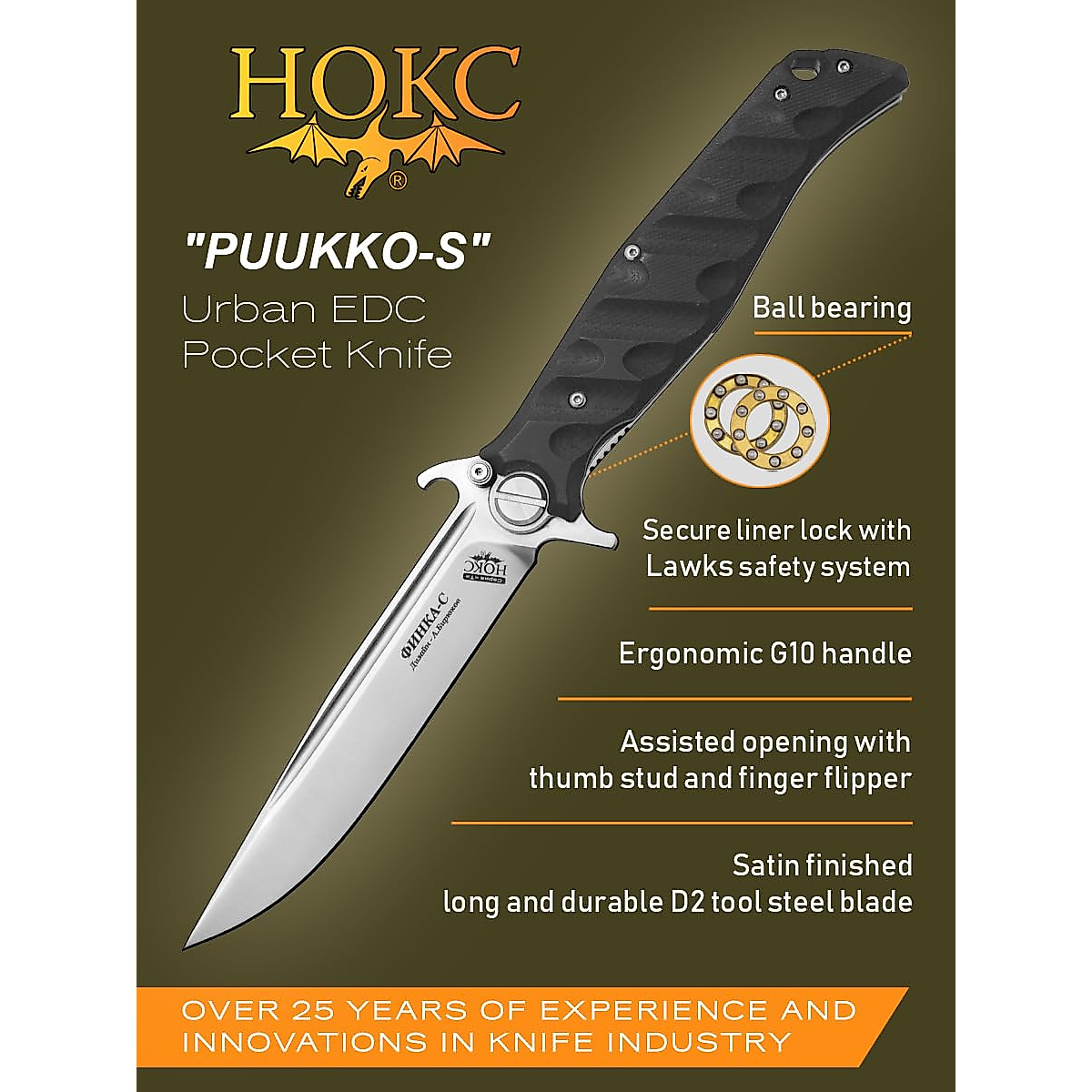 НОКС HOKC Puukko-S | 342-100406 | Pocket Knife with Liner Lock and Lawks Safety System, G10 Handle, Thumb Stud, Finger Flipper, Durable D2 Stainless Tool Steel, Satin Finished Utility Knife
