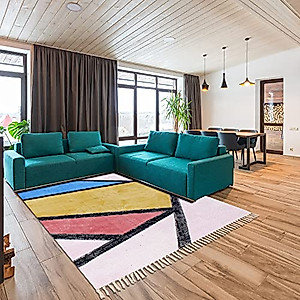 Casavani Hand Block Printed Cotton Dhurrie Geometric Pink & Yellow Area Rug Doormat Floor Rug Indoor Area Rugs for Bedroom Living Room Laundry Room 3x20 Feet Runner