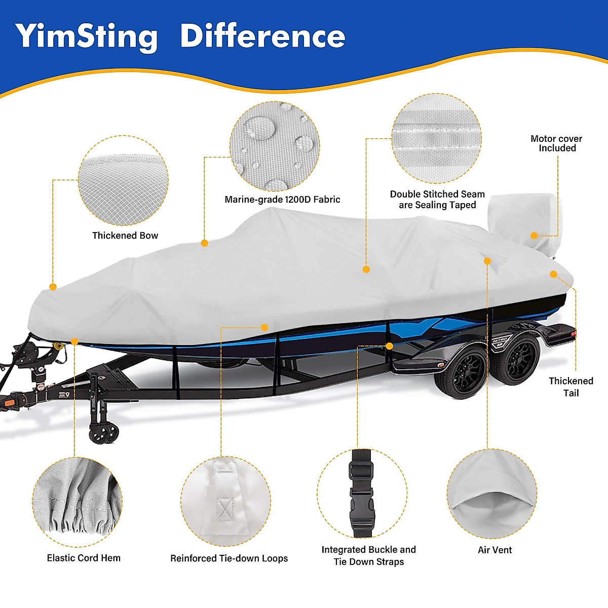 YimSting Boat Cover 14-16 ft feet 1200D Waterproof Boat Covers with Motor Cover Fits Bass Boat, V-Hull Tri-Hull Boat, Runabout Bowrider Boat, 14' 15' 16' Foot,Heavy Duty Canvas Gray