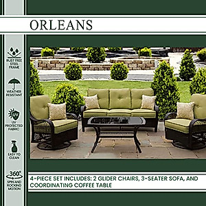 Hanover Orleans 4-Piece Steel Outdoor Patio Set Outdoor Patio Deep Seating Set with Brown Wicker, Sofa, Avocado Green Cushions, 4 Pillows and Glass Top Rectangular Coffee Table