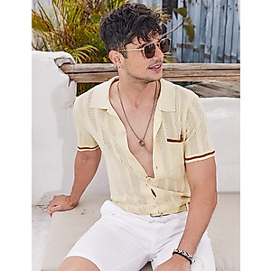 COOFANDY Beach Button Up Shirts for Men Knitted Collar Short Sleeve Polo Shirt Summer Vacation Cream