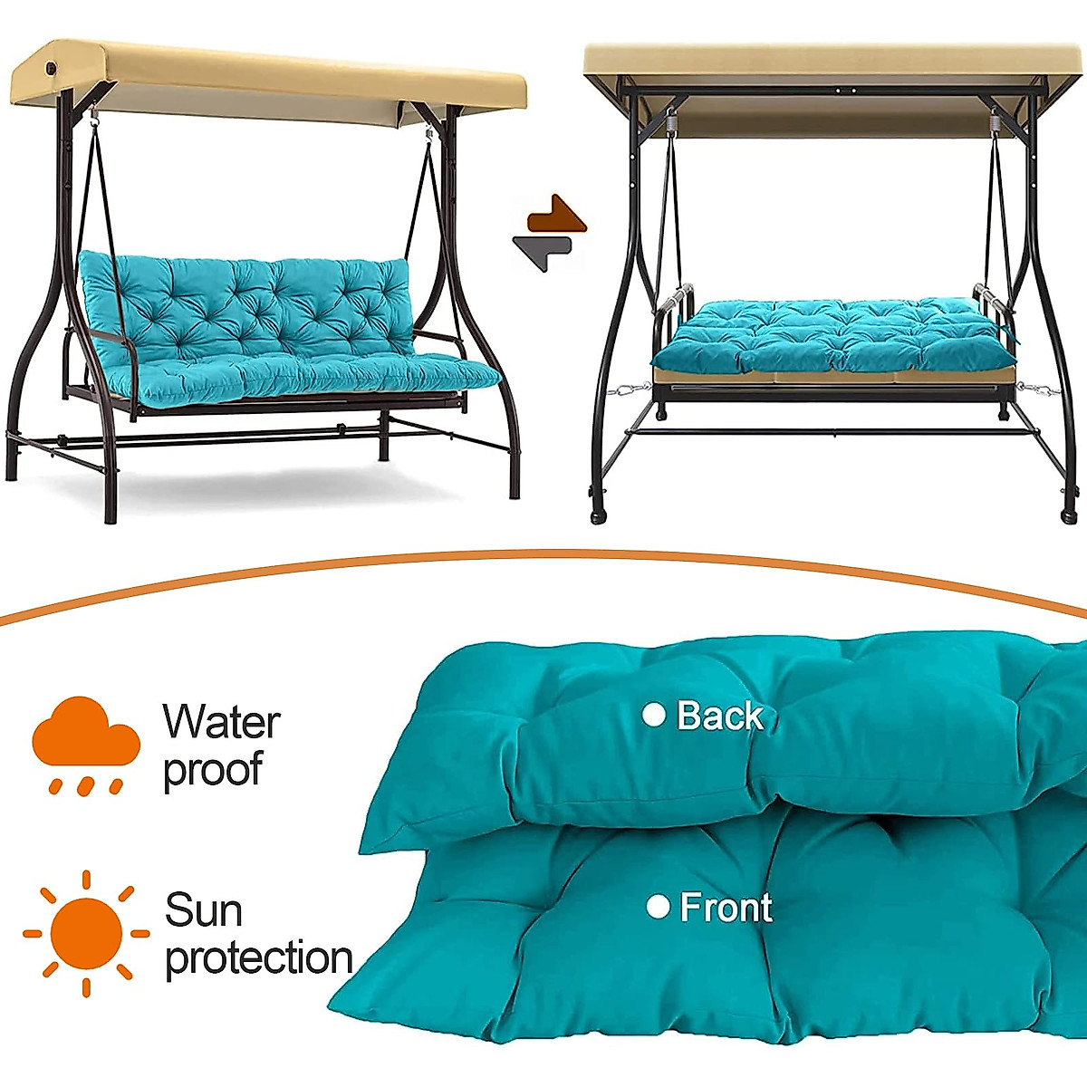 Hsohriif Swing Cushions 2-3 Seater Replacement 60 inch x 40, Outdoor Thicken 4" Porch Swing Cushions, Waterproof Bench Cushion with Backrest, Backyard Garden Furniture Porch Swing Cushions, Cyan