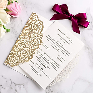 ponatia 25PCS Hollow Rose Laser Cut Wedding Invitations Cards with Envelopes, Printable Paper with Burgundy Ribbons For Wedding Bridal Shower Engagement Sweet 16 Birthday Invite (Gold Glitter)