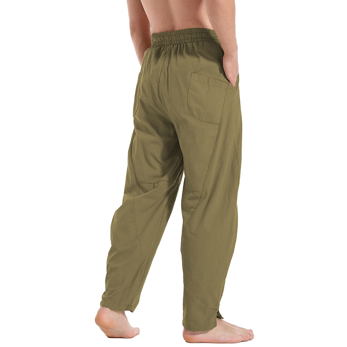 perdontoo Mens Linen Cotton Loose Fit Casual Lightweight Elastic Waist Summer Pants (Medium, Olive)