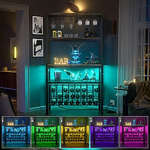 Unikito Wine Bar Cabinet with RGB LED Light and Outlet, FreeStanding Wine Rack Table, Floor Liquor Cabinet with Glass Holder, Floor Bar Cabinet with Wine Rack for Home Kitchen Dining Room, Black Oak