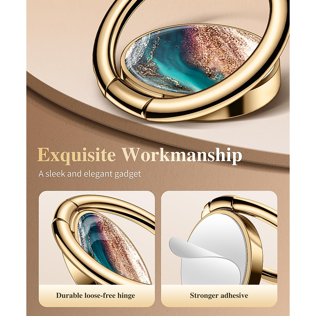 GVIEWIN Marble Cell Phone Ring Holder, Metal Kickstand Grip for Magnetic Car Mount Compatible with iPhone 16 Pro Max/15 Plus/14/13/12 Series & Galaxy S24/S23 Ultra and Other Phones(Drift Sand/Brown)