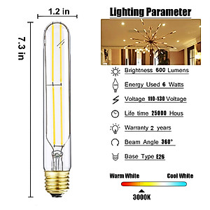 T10 Led Bulb,Dimmable 6W Led Tubular Bulbs, Soft White 3000K, 60 Watt Incandescent Bulb Equivalent,Clear Glass,E26 Base Lamp Bulb,for Cabinet Display Cabinet etc,4 Pack. (7.3 in -Soft White(3000K))