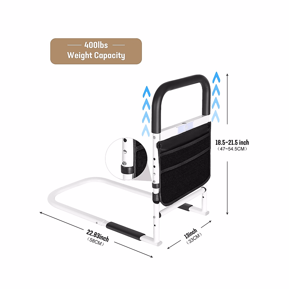 YEEGO DIRECT Bed Rails for Elderly Adults Safety, Height Adjustable Bed Assist Rail for Seniors, Bedside with Storage Pocket and LED Induction Light, Fit Twin Bed Support Up to 400lbs