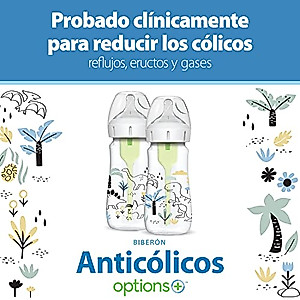 Dr. Brown's Natural Flow® Anti-Colic Options+™ Wide-Neck Baby Bottle Designer Edition Bottles, Dino Decos, 9oz/270mL, Level 1 Nipple, 2-Pack, 0m+