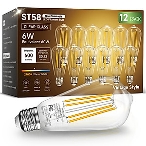 Edison LED Light Bulbs, 6W Equivalent 60W, Warm White 2700K, Non-Dimmable, 600LM, 85+CRI, ST58 Vintage Clear Glass Filament Light Bulbs, E26 Medium Base, Pack of 12