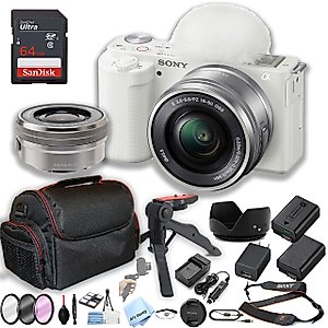 Sony ZV-E10 (White) Mirrorless Camera with 16-50mm Lens + 64GB Memory + Case+ Steady Grip Pod + Filters + 2X Batteries + More (30pc Bundle)