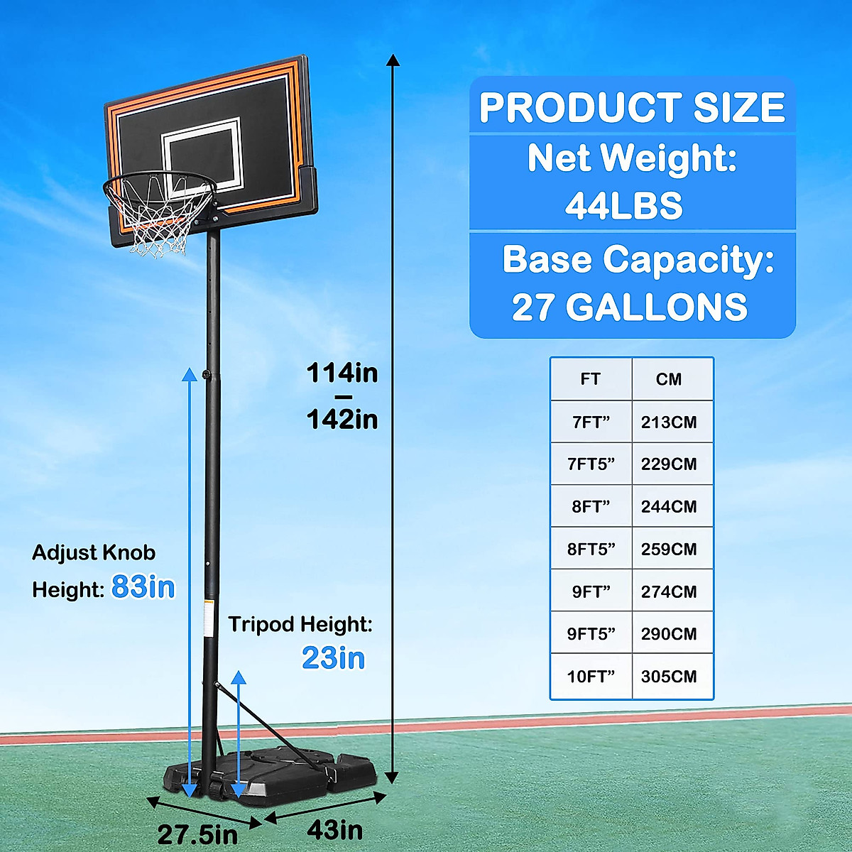 Portable Basketball Hoop Goals Outdoor Indoor Basketball Court w/Canasta de Basketball Backboard & Wheels & Fillable Base 7-10ft Adjustable Height Removeable Weather-Resistant for Youth Adult