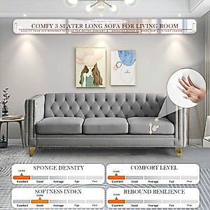 Velvet 3 Seater Sofa Couch, Comfy Couches for Living Room, Modern Sofa with Tufted Back and Rivet Decoration, Upholstered Long Couch with Solid Golden Metal Tapered Legs, Grey