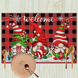 Red and Green Buffalo Plaid Santa Claus, Truck, Snowman Merry Christmas Placemats Set of 6, 12x18 Inch Winter Table Mats for Party Kitchen Dining Decoration (A)