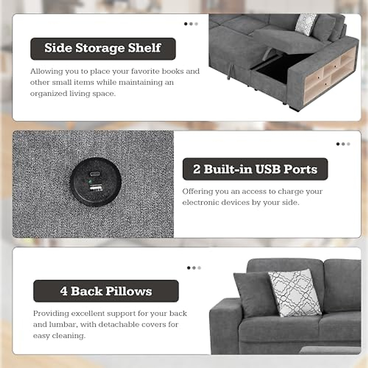 Acosure 109" U-shaped Sectional Pull-out Sofa Bed with Storage Chaise,2-in-1 Convertible Couch W/ 4 Back Pillows & 2 USB Ports,Luxurious Sleeper Furniture Set for Living Room Large Space,Grey Chenille