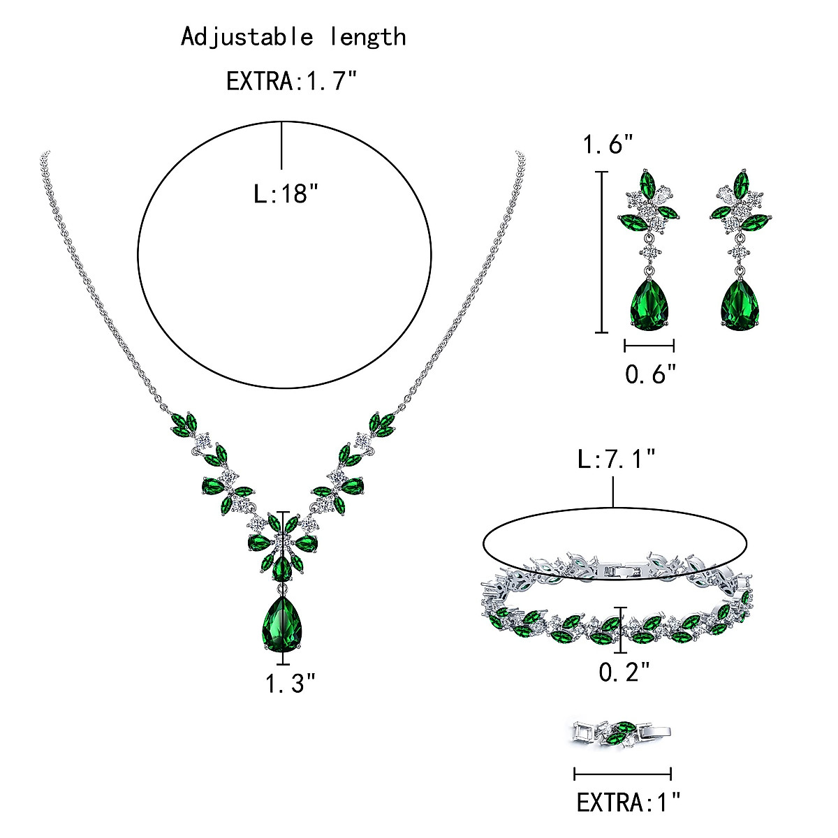 EleQueen Women's Wedding Bridal Jewelry Set for Brides Bridesmaids, Sparkle Cubic Zirconia Teardrop Necklace Dangle Earrings Bracelet Sets for Party Prom Emerald Color