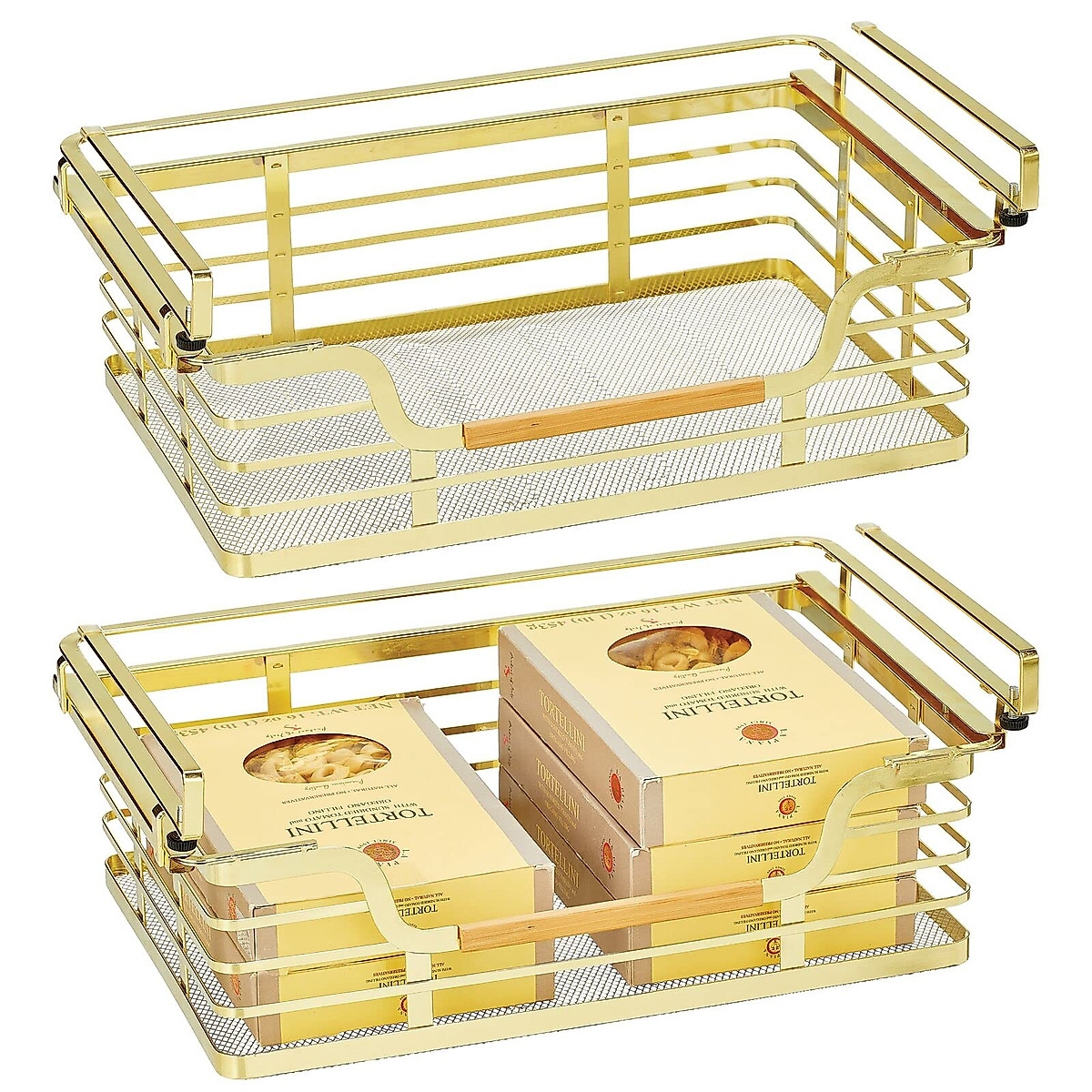 mDesign Metal Wire Wide Under Shelf Storage Baskets for Kitchen Pantry, Closet, Hanging Pull Out Shelving Bin, Sliding Hanger Rack for Bread, Canned Goods, Food, 2 Pack, Soft Brass/Natural