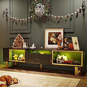 Bestier 70 Inch TV Stand for 75/77/80 Inch TV, LED Gaming Entertainment Center with Open Storage & Drawer, Modern High Gloss TV Console Table for Living Room Bedroom, Black and Gold