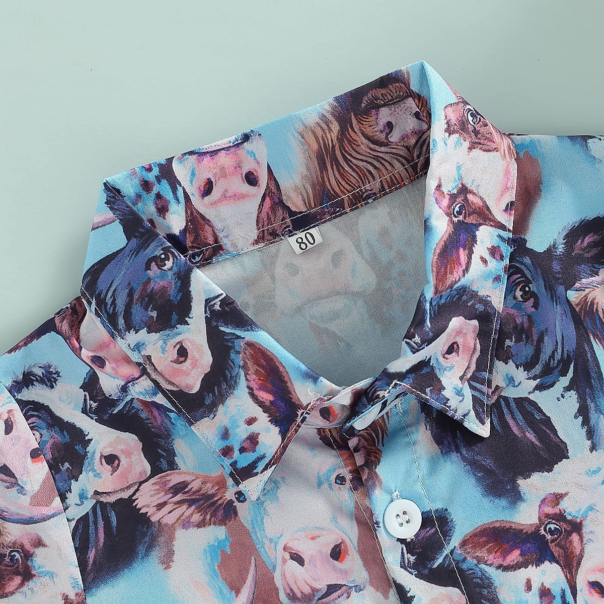 Toddler Kid Baby Boy Button Down Shirt Lapel Neck Short Sleeve Cow Printed T-Shirt Tops Casual Summer Tee 6M-5T (Blue Bull Head, 2-3T)