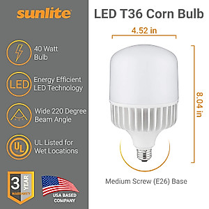 Sunlite 81252-SU LED T36 Super Bright High Lumen Corn Light Bulb, 40 Watts (375W Eq) 4800 Lm, Medium E26 Base, 120-277 Multi Volt, Non-Dimmable, 50K-Super White, UL Listed-Wet Location