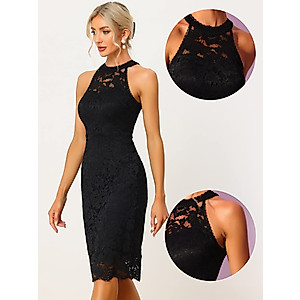 Allegra K Halter Formal Dress for Women's Sleeveless Bodycon Wedding Guest Cocktail Lace Sheath Dress Large Black