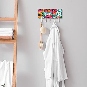 Hand Drawn Retro Colorful Flowers Background Mail Holder Organizer and Key Hooks PU Front, Self Adhesive Key Rack with 5 Hooks Perfect for Entryway, Hallway，Bathroom ，Kitchen
