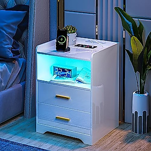 HNEBC Night Stand with Charging Station,LED Nightstand with Body Sensor Function, Smart Nightstand has RGB Lights Mode,Bedside Table with Drawers,Side Table for Bedroom/Living Room (White)