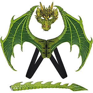 Halloween Dragon Costume Wing Dinosaur Tail Mask Dragon Cosplay Dinosaur Costume Set for Kids Children (Green)