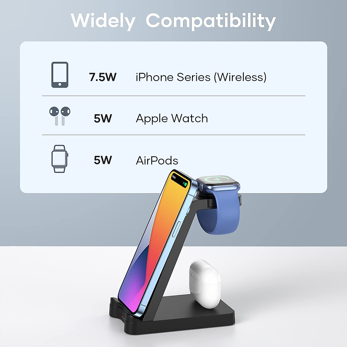 3 in 1 Charging Station for Apple Products - Wireless Charging Station for Multiple Devices - Phone and Watch Charger Stand for iPhone 15/14/13/12/11 Series, iWatch Series 1-9/Ultra, AirPods