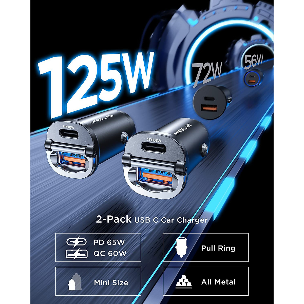 MRGLAS [2-Pack]125W USB C Car Charger, Mini Metal USB C Car Charger Adapter Fast Charging PD65W & QC60W Dual Port Type C Car Cigarette Lighter USB Charger for iPhone 15 14 ProMax iPad Samsung Macbook