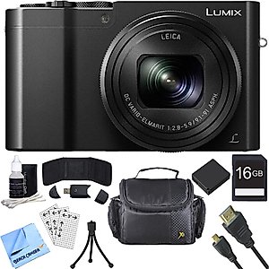 Panasonic ZS100 LUMIX 4K 20 MP Digital Camera with Wi-Fi Black Bundle with 16GB Memory Card, Camera Bag for DSLR, Flexible Mini Table-top Tripod, Battery and HDMI Cable