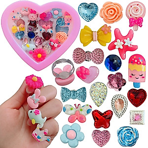 monochef 24pcs Rings for Girls Kids Dress Up Rings Jewelry Set Lovely Toys For Little Girls Adjustable, No Duplication, Girl Pretend Play Gift With Box