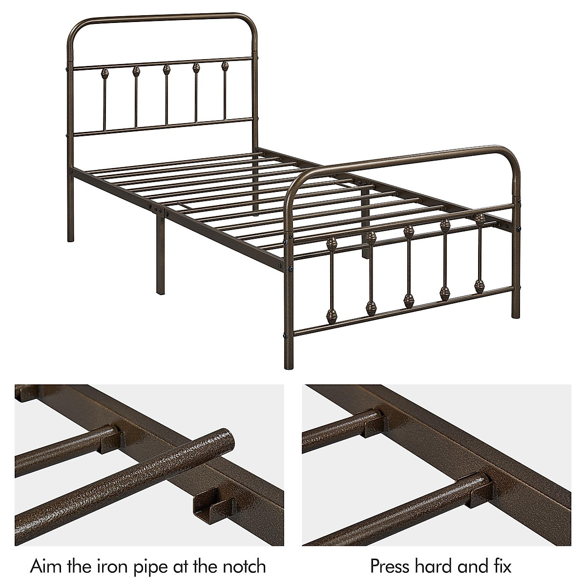 Topeakmart Twin Size Victorian Style Metal Bed Frame with Headboard/Mattress Foundation/No Box Spring Needed/Under Bed Storage/Strong Slat Support Bronze