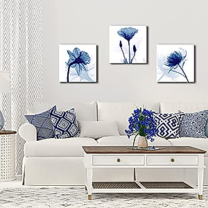 Wieco Art Blue Abstract Flowers 3 Panels Giclee Canvas Prints Wall Art Modern Pictures Artwork for Living Room Bedroom and Home Decorations
