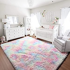 Rukman Super Soft Colorful Furry Indoor Modern Plush Area Rugs 5x8 Feet Fluffy Furry Living Room Carpets for Home Decor Children Bedroom Washable Non - Slip (Non - Skid) Nursery Rug Rainbow Color