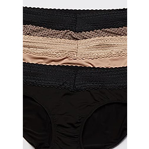 Warner's Women's Blissful Benefits No Muffin 3 Pack Hipster Panties, Black/Toasted Almond/lace dot Print, L