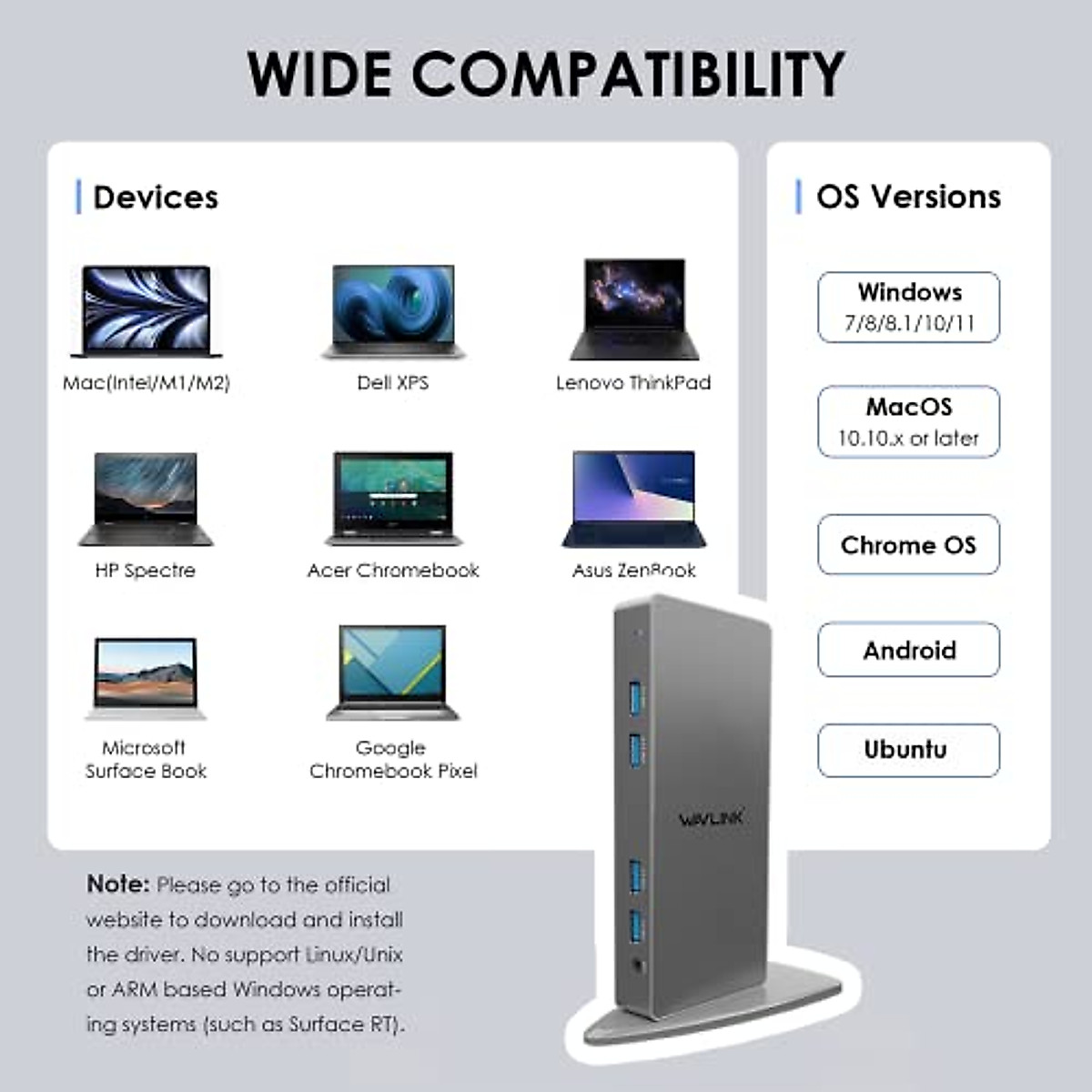 WAVLINK USB3.0 Dual 4K Laptop Docking Station, USB C to Single 5K@60Hz or Dual 4K@60Hz Video Outputs Dual Monitor for Windows (2xDisplayport, 2xHDMI, 6 USB 3.0 Port, LAN, Audio)