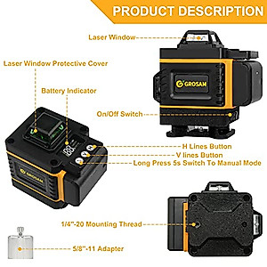 GROSAM Laser Level, 16-line Green Laser Level For Self-leveling Of Buildings And Picture Hangings, Two 360° Vertical Lines And Two 360° Horizontal Lines With Battery Power Detection