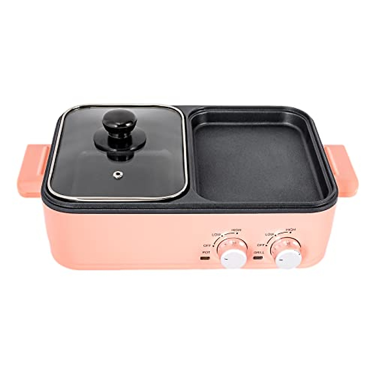 TFCFL Electric Grill and Hot Pot, 2 in 1 Non-Stick Barbecue Hot Pot Grill with Dual Temp Control, 1200-1500W, 2L, Mini Smokeless Korean BBQ/Shabu (Pink)