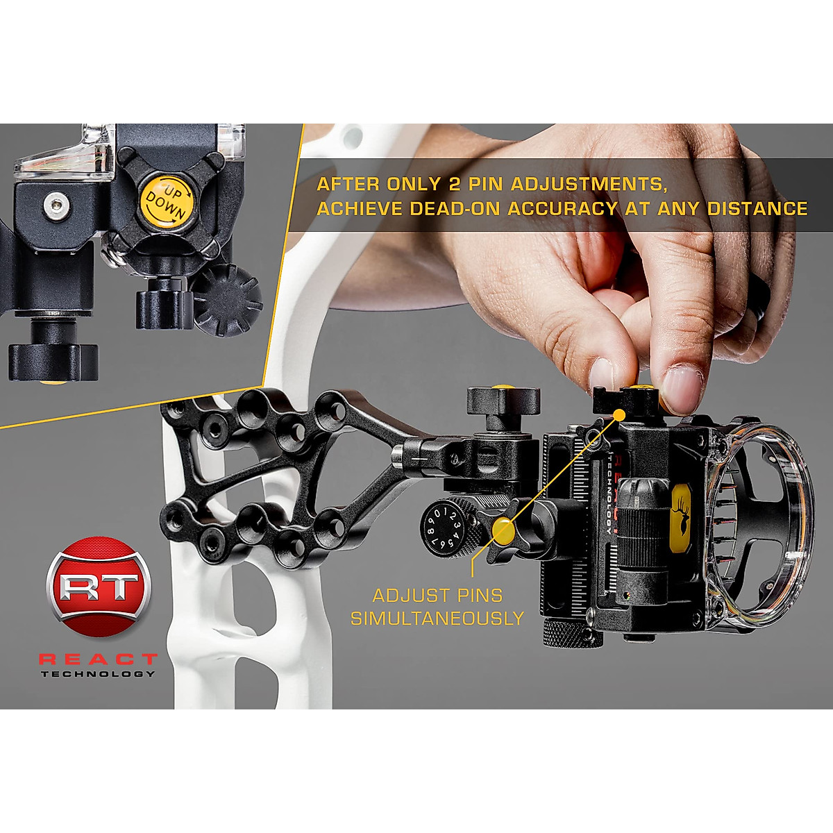 Trophy Ridge React Pro 7 Pin Archery Bow Sight - Tool Less Windage and Elevation Adjustability, 2nd/3rd Axis Leveling, Adjustable Click Light, Glow Ring, Right Hand, 0.010 Pin