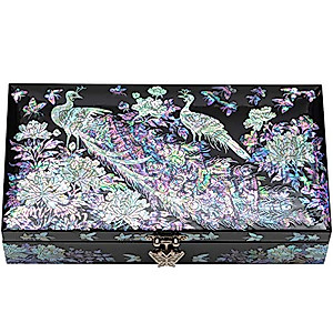 February Mountain Mother of Pearl Jewelry Organizer box - Handmade Large Wooden Box Romantic Anniversary Birthday Gifts for women (Peacock)