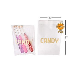 Sweet Details Party Co. Cellophane 'Candy' Bags (100 Pack) Gold & Clear Goodie Bags for Candy Bar & Buffet Gifts- Wedding/Birthday Party Favor Bags- Self-Sealing & Resealable Adhesive - NO Ties!