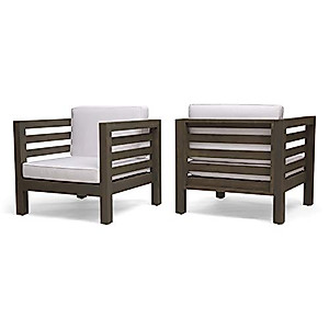 Great Deal Furniture Louise Outdoor Acacia Wood Club Chairs with Cushions (Set of 2), Gray Finish and White