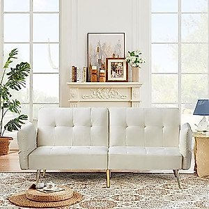 Anwick Velvet Convertible Futon Sofa Bed, Memory Foam Futon Couch Sleeper Sofa, 77.5''Modern Loveseat Sofa with Adjustable Backrest and Armrests for Home Living Room Office (Beige)